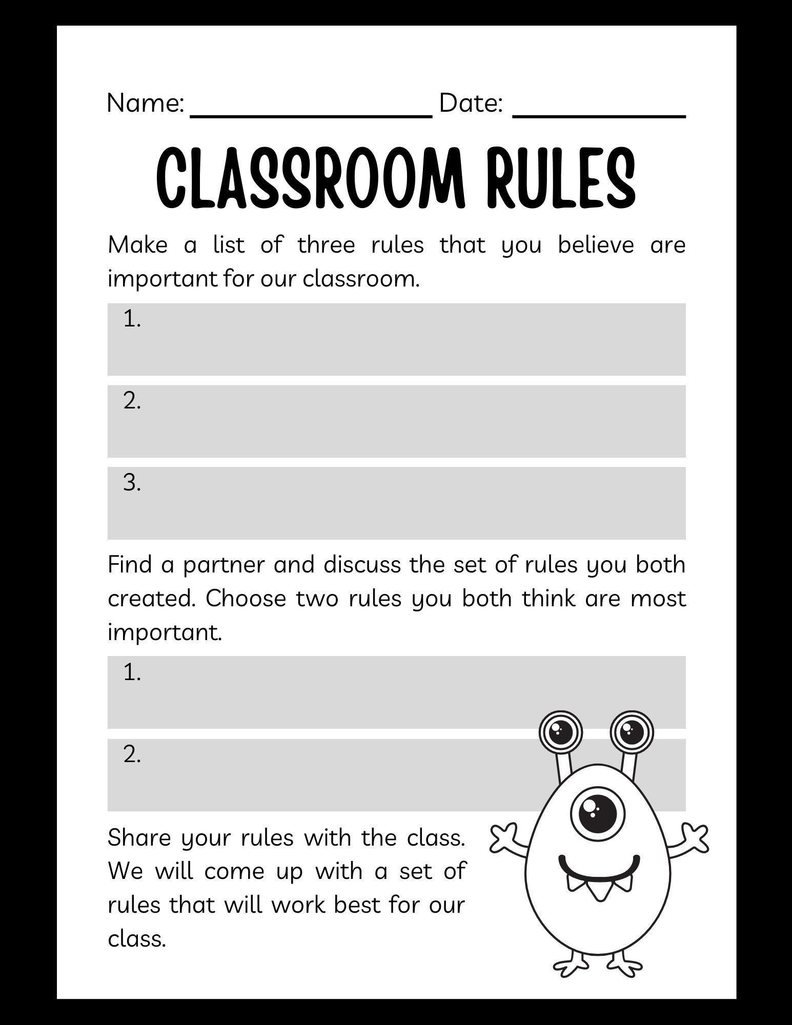 Classroom Rules Worksheet, School Worksheet, Class Handout, Cute Alien ...