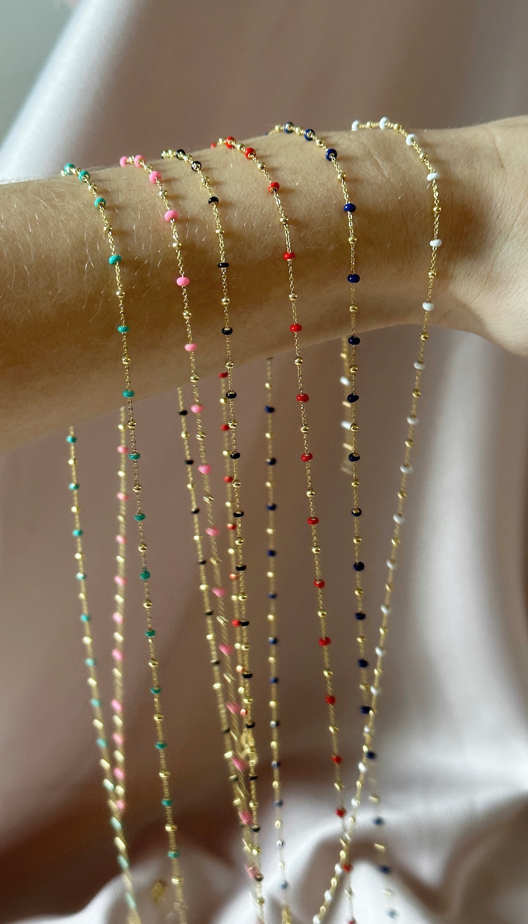 10K Solid Gold Enamel Bead Necklace & Bracelet Enamel Multicolor Chain ...