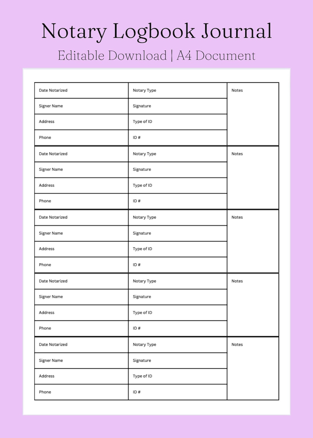 Editable Notary Logbook Journal: Printable A4 Notary Signing Form ...