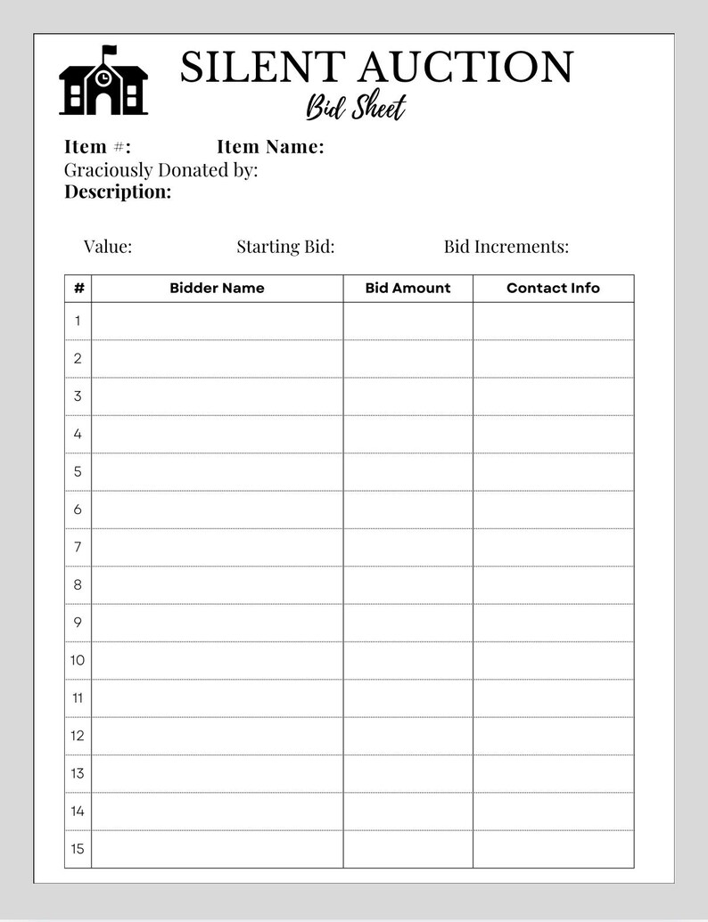 Editable Silent Auction Bid Sheet: School Fundraiser Template (PDF) - Etsy