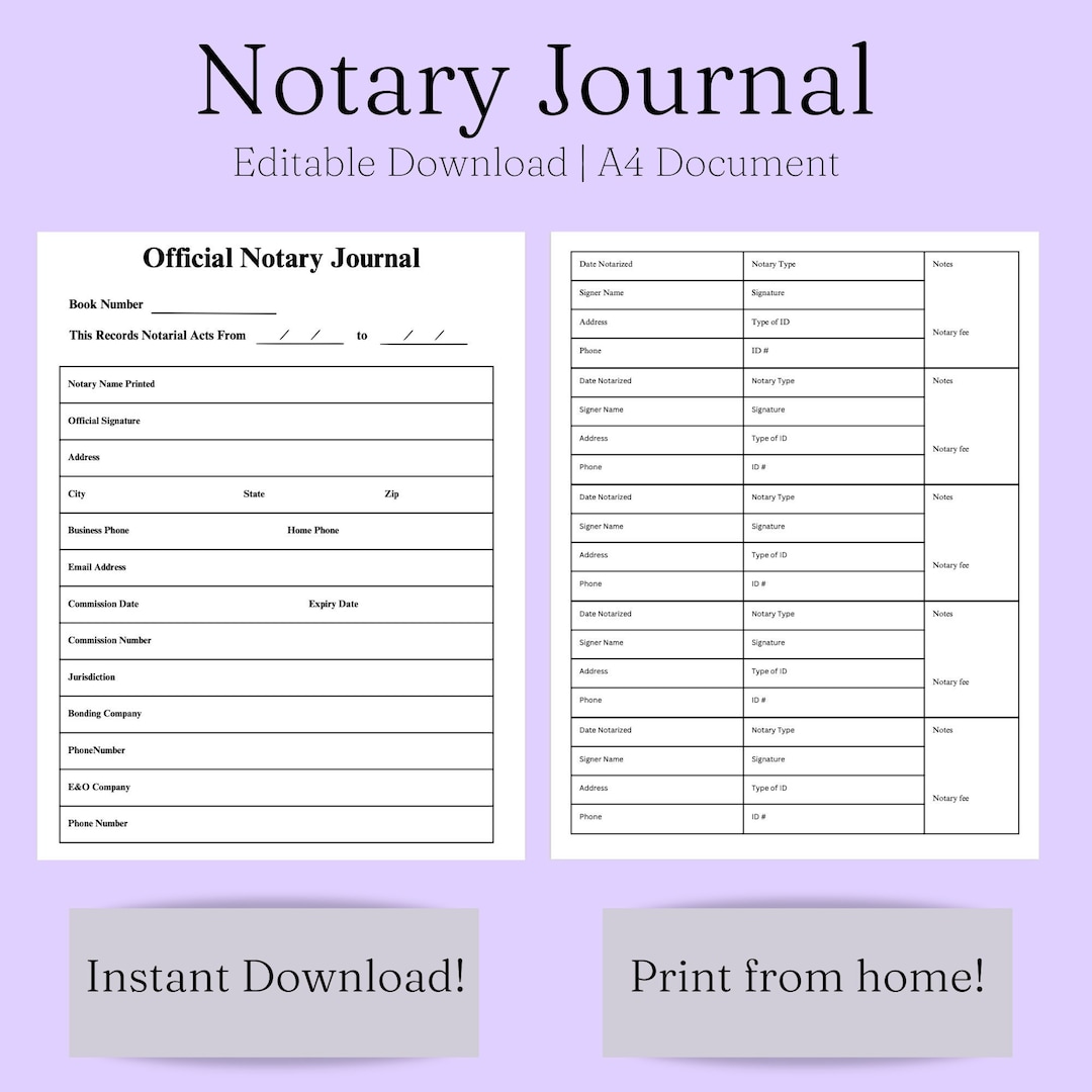 Official Notary Journal: Printable Notary Logbook | Editable Download ...