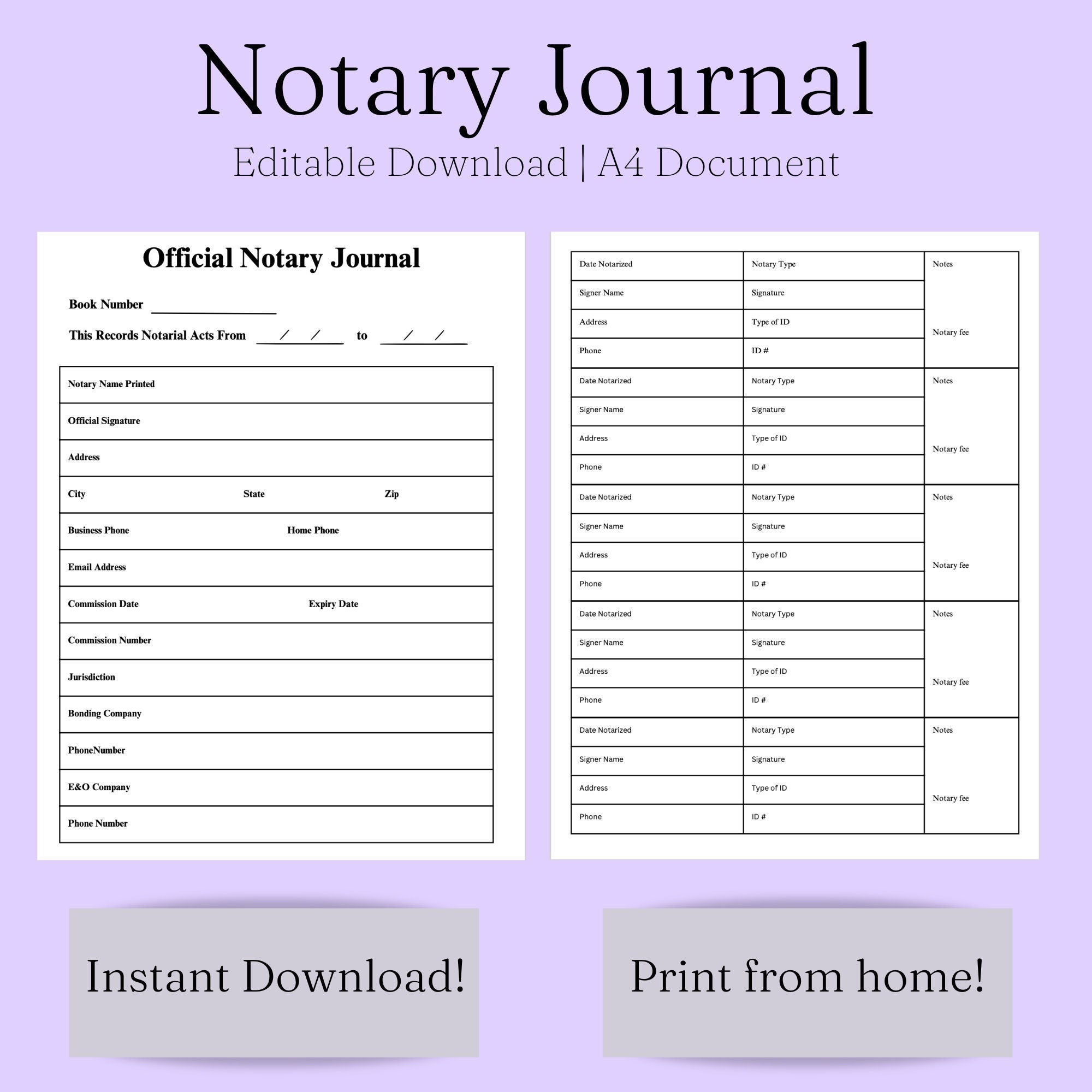 Official Notary Journal: Printable Notary Logbook | Editable Download ...