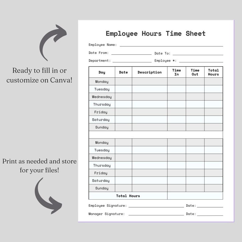 Employee Time Sheet Card | Timecard | Editable | Ready to Print ...