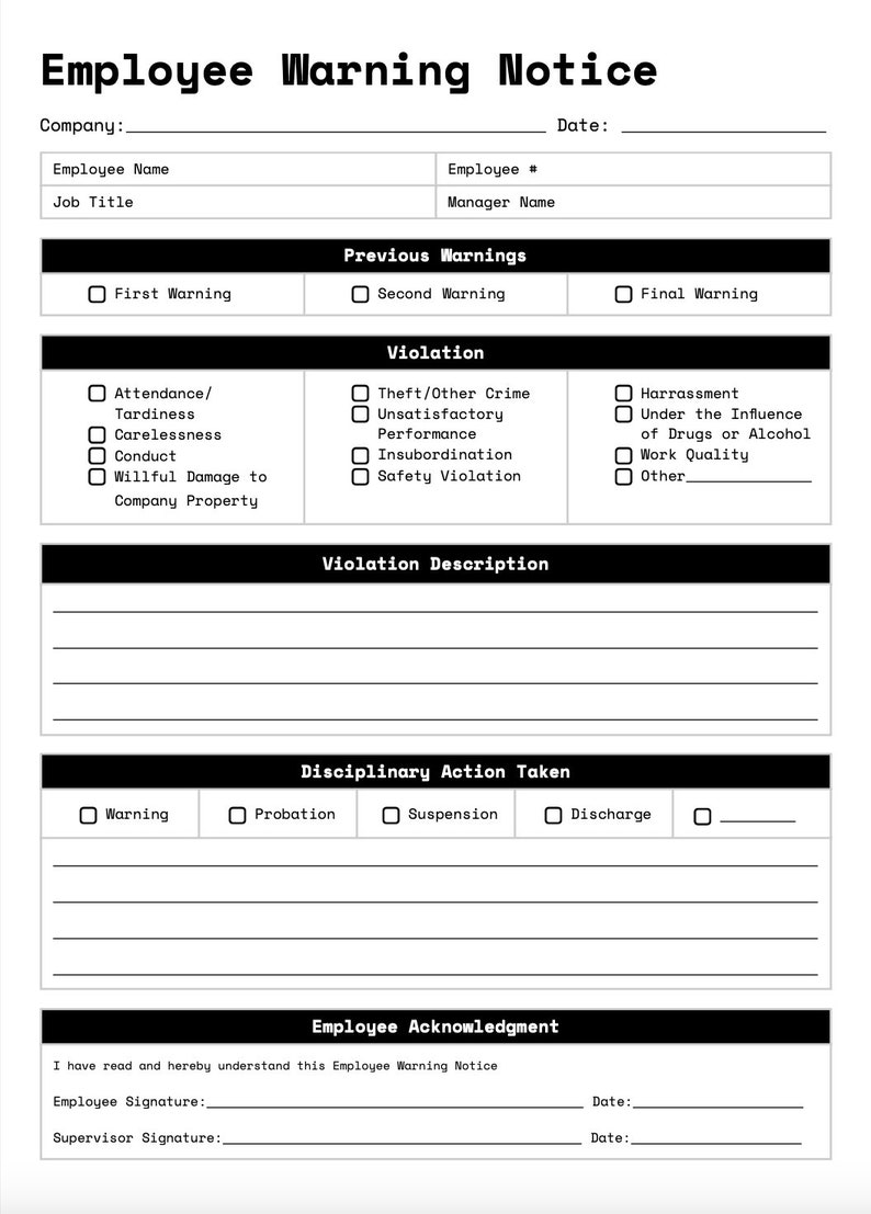 Employee Warning Notice Template: Editable HR Form | A4, Digital ...