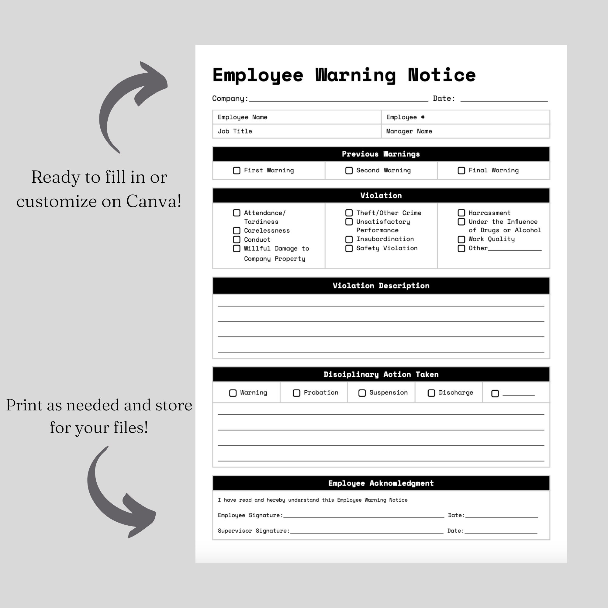 Employee Warning Notice Template: Editable HR Form | A4, Digital ...