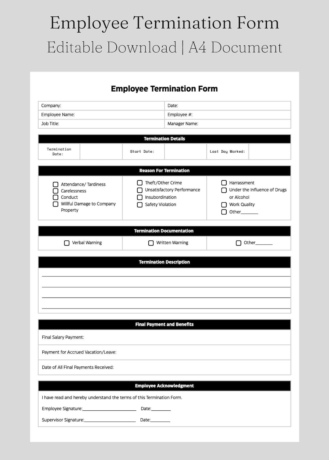 Employee Termination Form: HR Off-boarding Template | A4, Editable ...