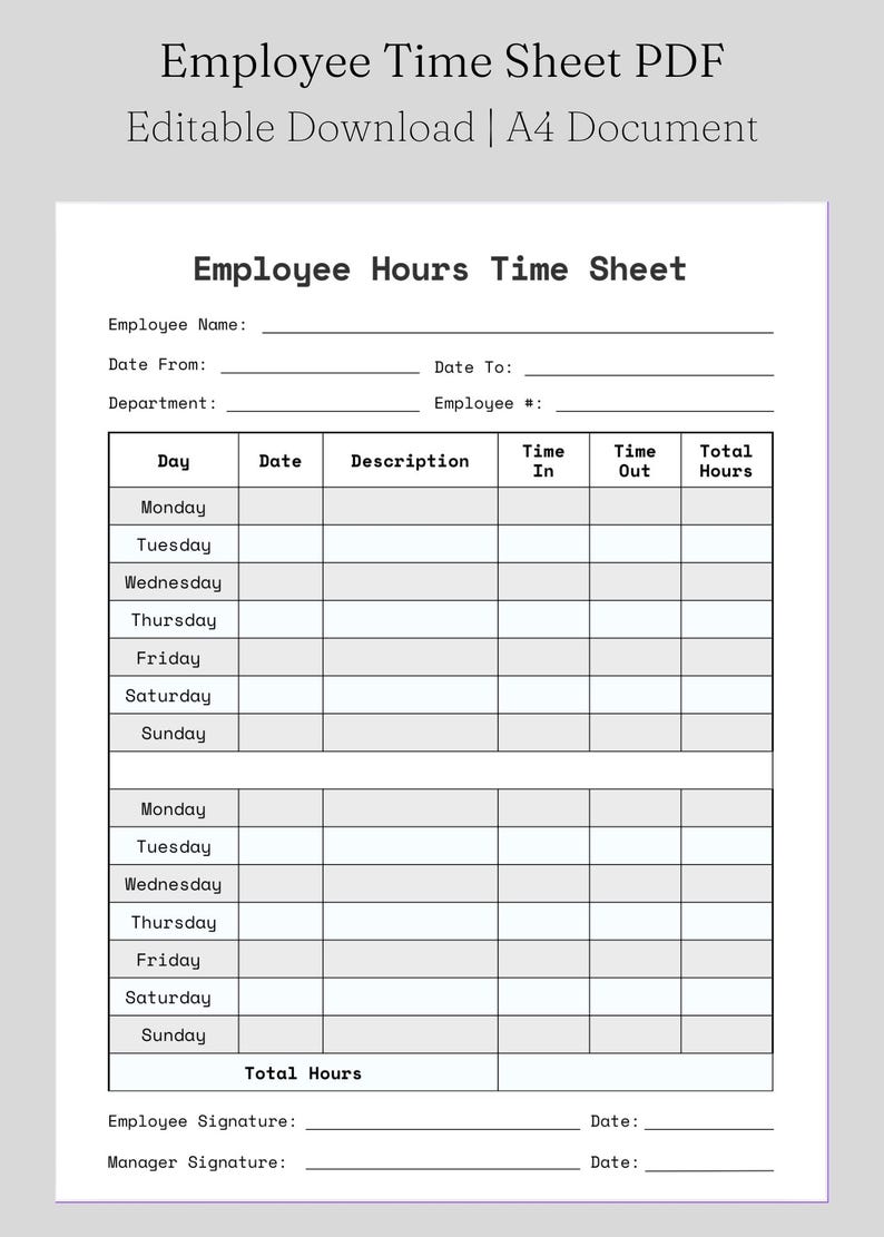 Employee Time Sheet Card | Timecard | Editable | Ready to Print ...