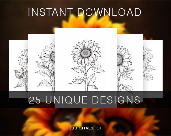 25 Sunflower Stress Relief Coloring Book for Adults | Printable PDF ...