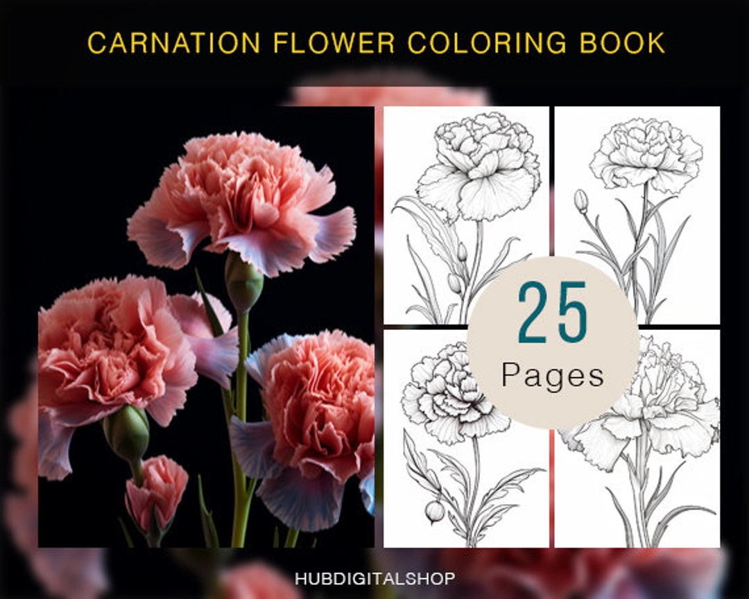 25 Carnation Flowers Stress Relief Coloring Book | Printable PDF ...