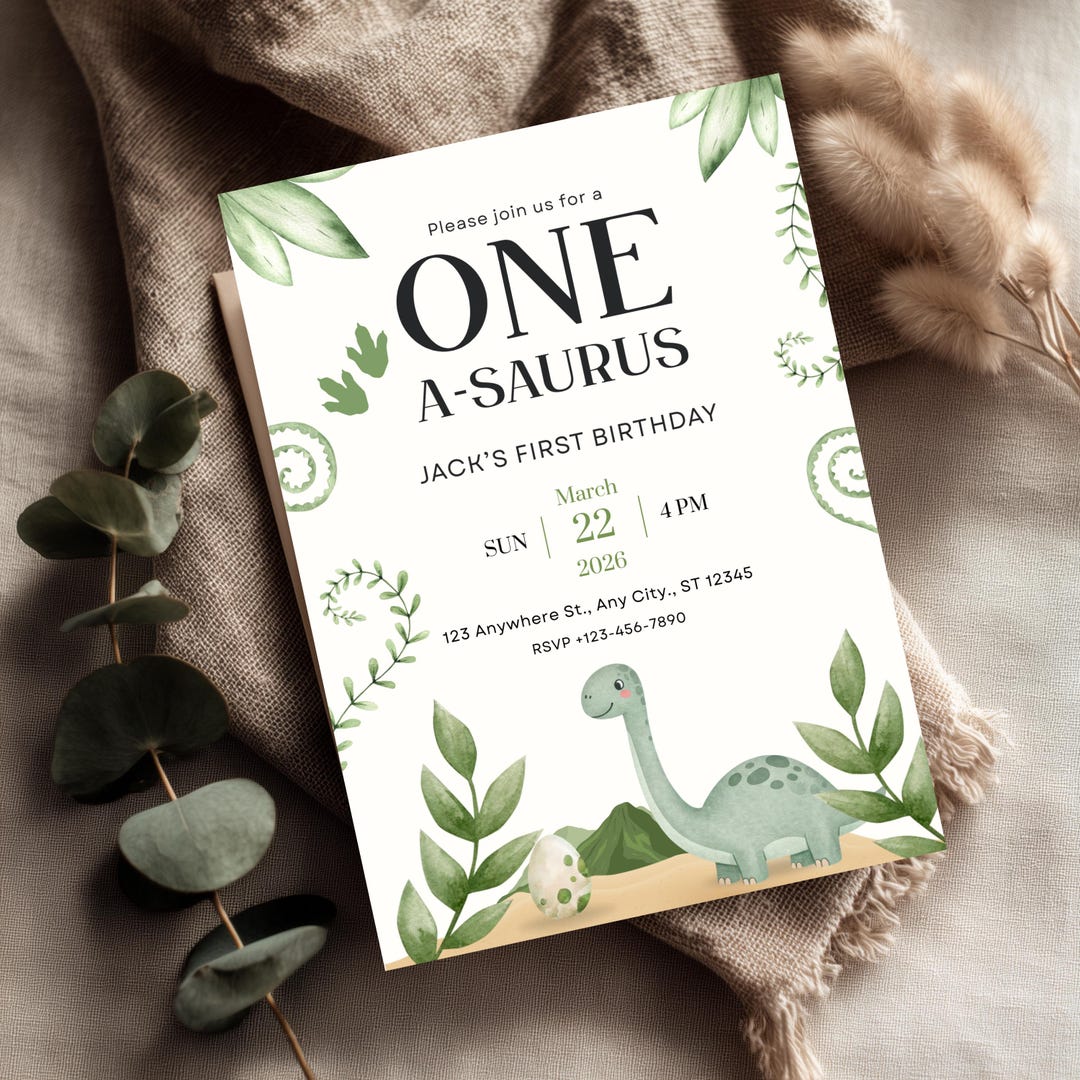 Dinosaur First Birthday Invitation, Boy One-a-saurus Dinosaur ...