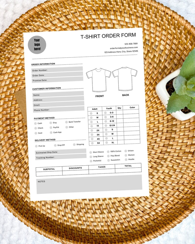 T-shirt Order Form Template Editable Instant Digital Download, Custom ...