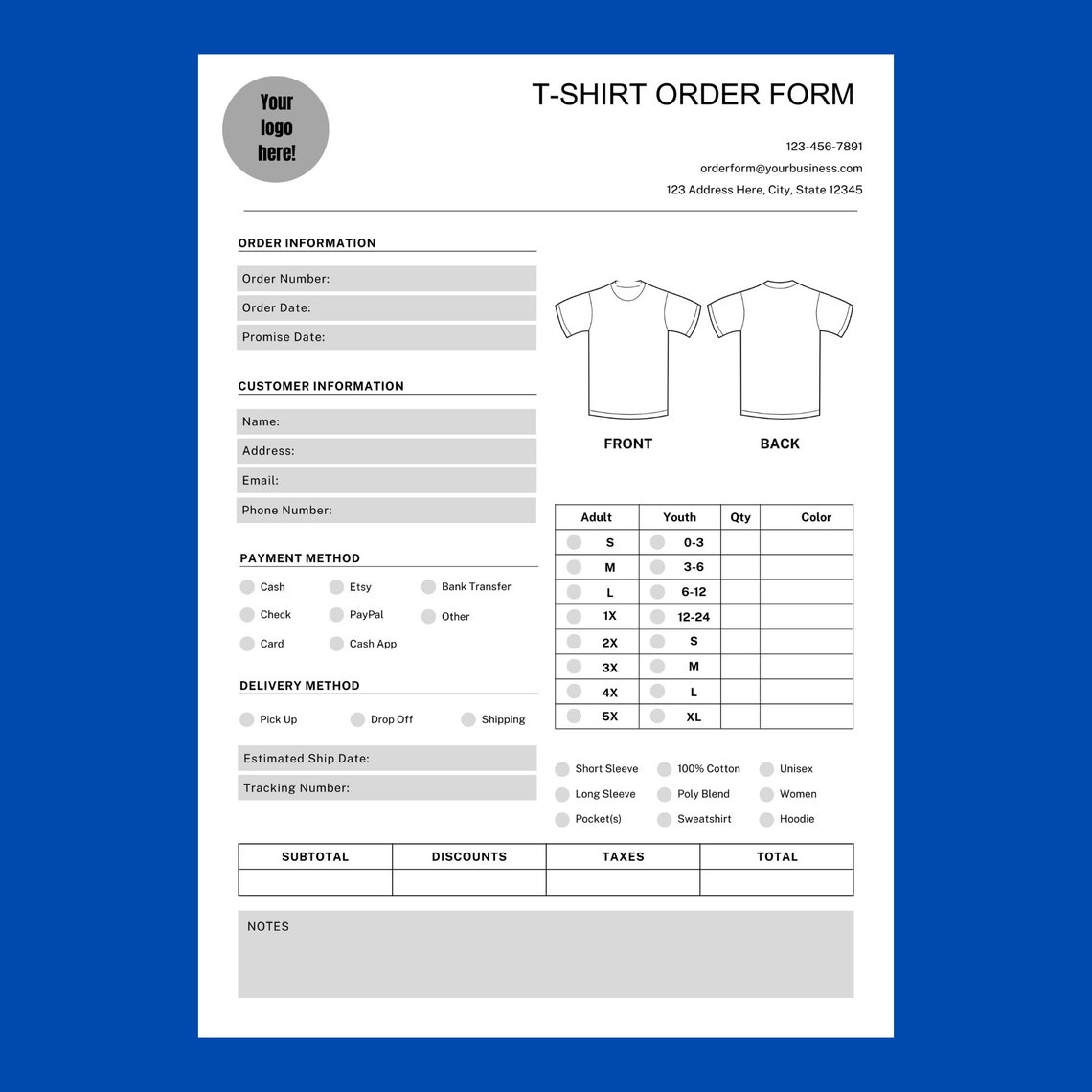 T-shirt Order Form Template Editable Instant Digital Download, Custom ...
