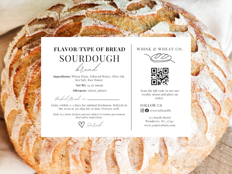 Sourdough Label Template With QR Code, Cottage Law Bakery Labels ...