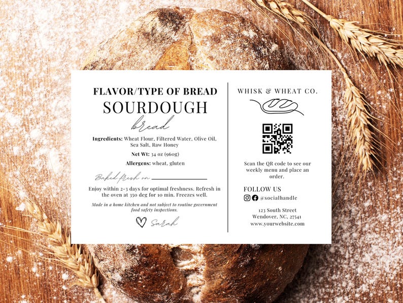 Sourdough Label Template With QR Code, Cottage Law Bakery Labels ...