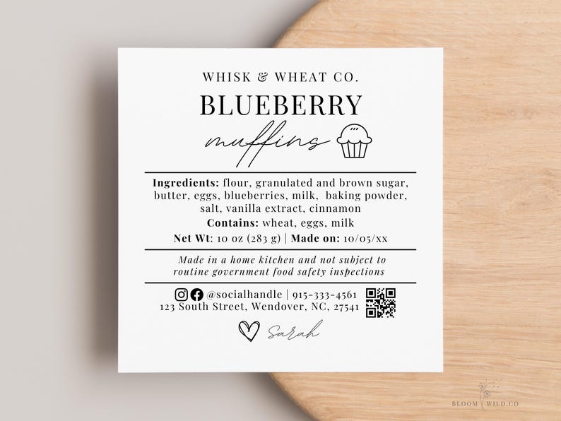 Muffins Label for Home Micro Baker, Bakery Ingredient Labels, Cottage ...
