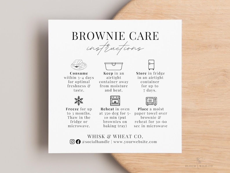 Brownies Care Card Canva Template, Brownie Care Instructions, Brownies Care Guide, Bakery ...