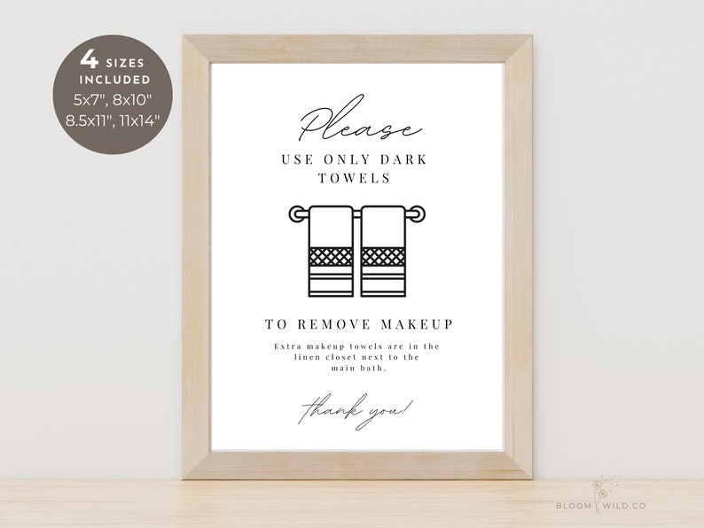 Makeup Towel Sign, Makeup Removal Sign, Dark Towels Sign, Airbnb ...