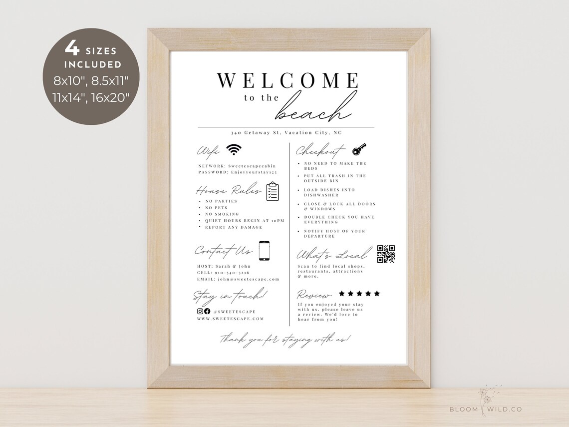 Airbnb Welcome Sign Template for Beach House, Coastal Air Bnb Welcome ...