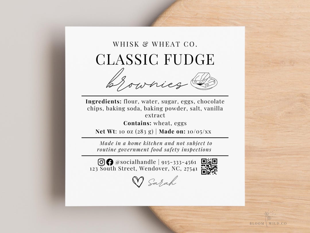 Home Bakery Brownie Label Template, Cottage Food Bakery Ingredient ...