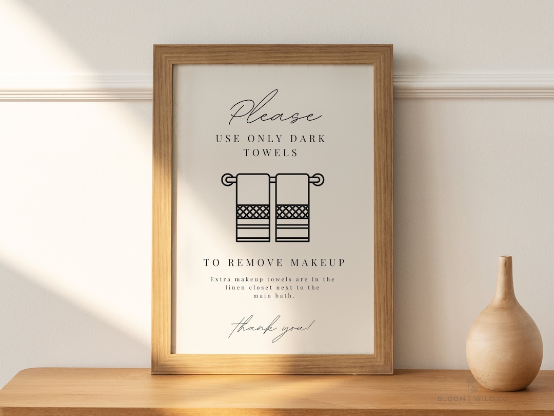 Makeup Towel Sign, Makeup Removal Sign, Dark Towels Sign, Airbnb ...