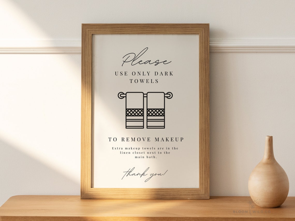 Makeup Towel Sign, Makeup Removal Sign, Dark Towels Sign, Airbnb ...
