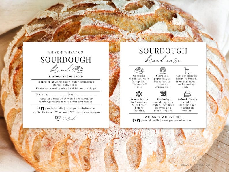 Sourdough Bread Ingredient Label and Care Card Mini Bundle, Cottage Law ...