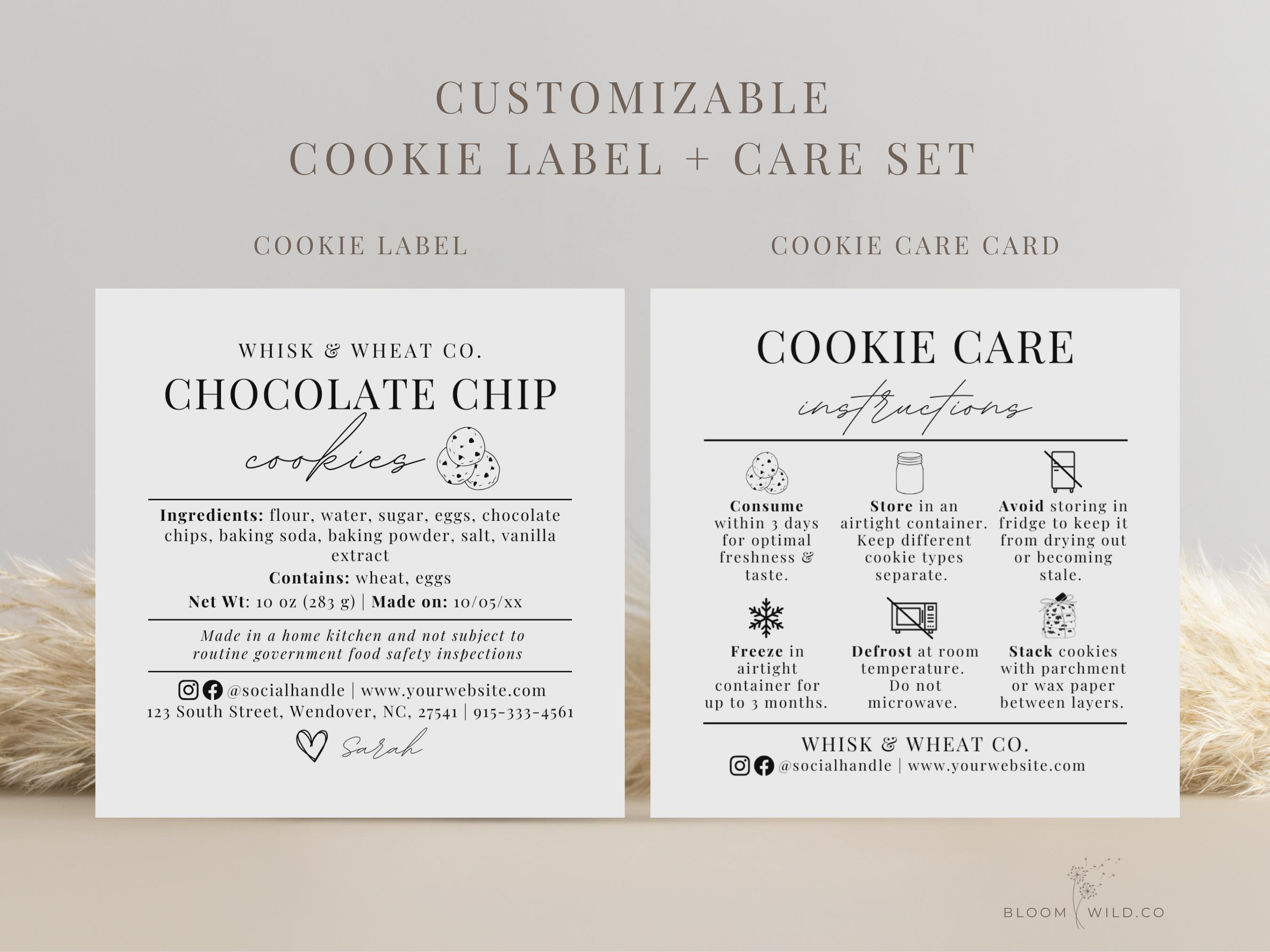 Cookies Ingredients Label and Cookie Care Instruction Card, Cottage Law ...