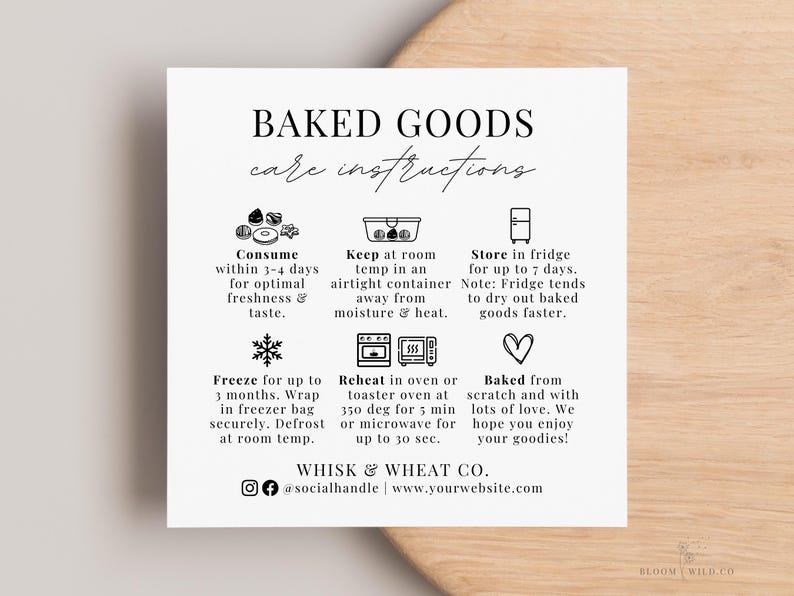 Care Card for Baked Goods, Home Bakery Sweets Care Cards, DIY Dessert ...