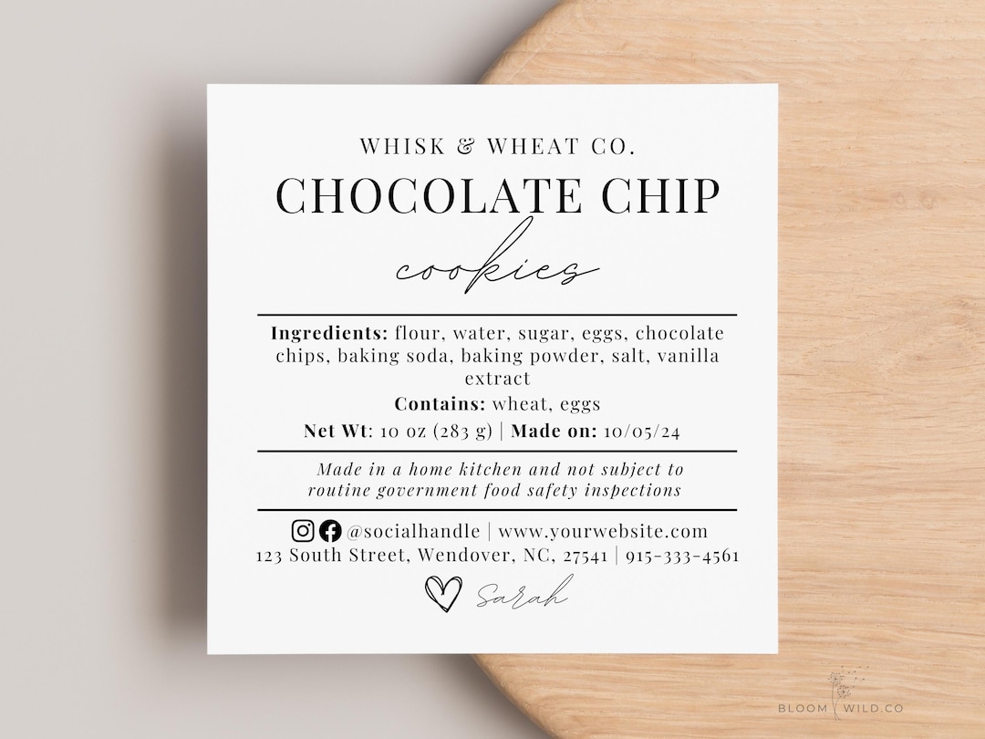 Cottage Food Label Cookies, Cookies Ingredients Labels, Home Bakery ...