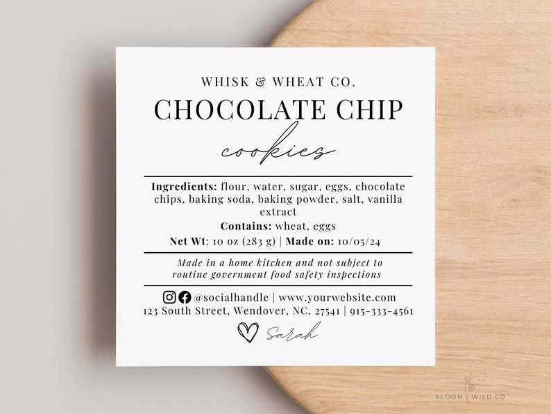 Cottage Food Label Cookies, Cookies Ingredients Labels, Home Bakery ...