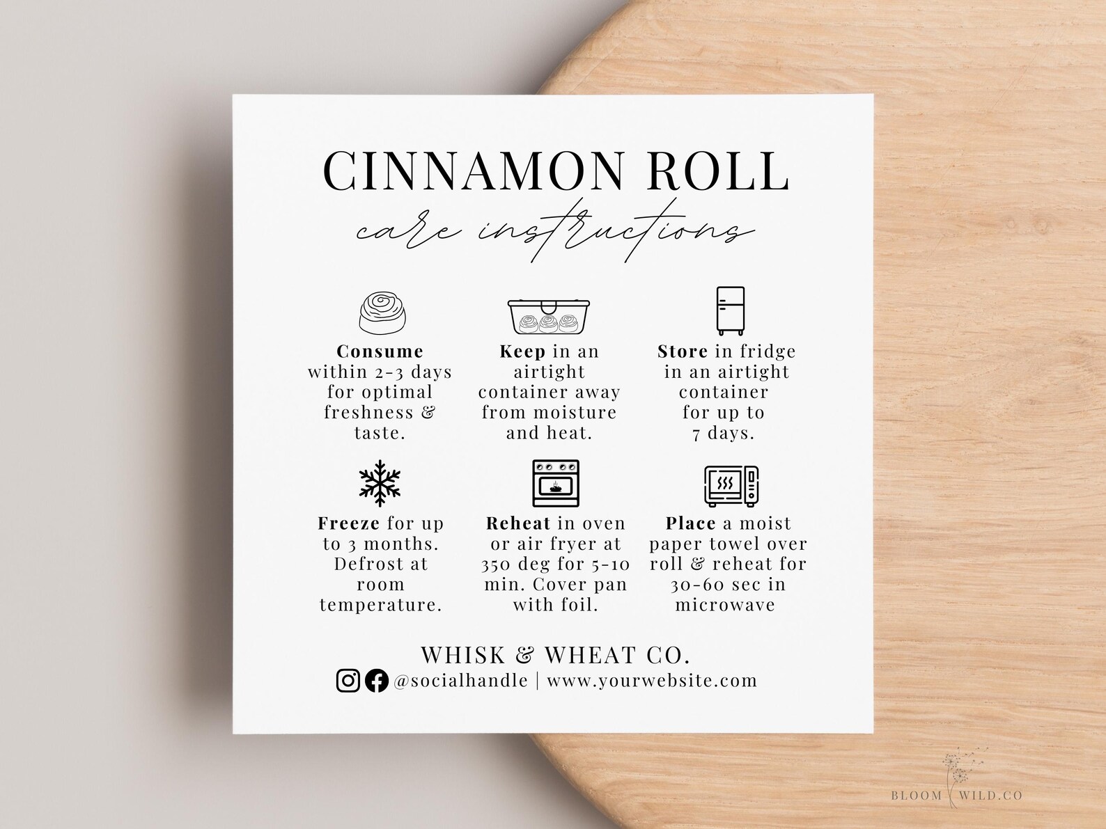 Cinnamon Roll Care Card Label, Pastry Care Instructions Canva Template ...