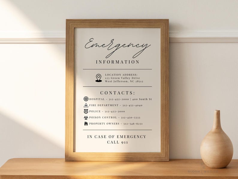 Emergency Contact Sign, Emergency Phone Numbers, Airbnb Emergency ...