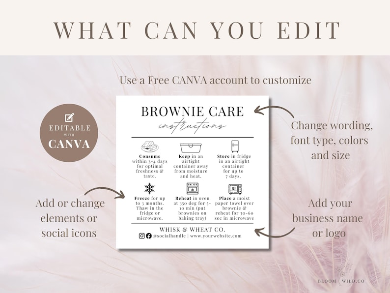 Brownies Care Card Canva Template, Brownie Care Instructions, Brownies Care Guide, Bakery ...