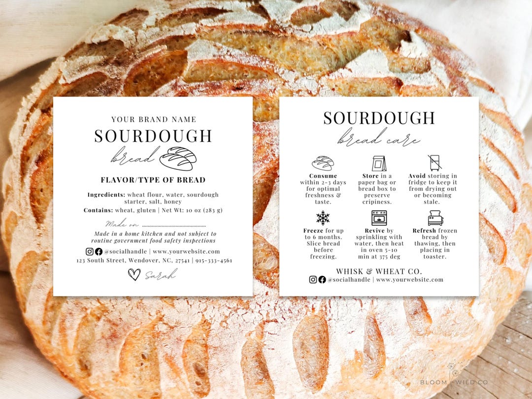 Sourdough Bread Care Card and Ingredient Label Mini Bundle, Cottage Law Bakery Labels, Sourdough ...
