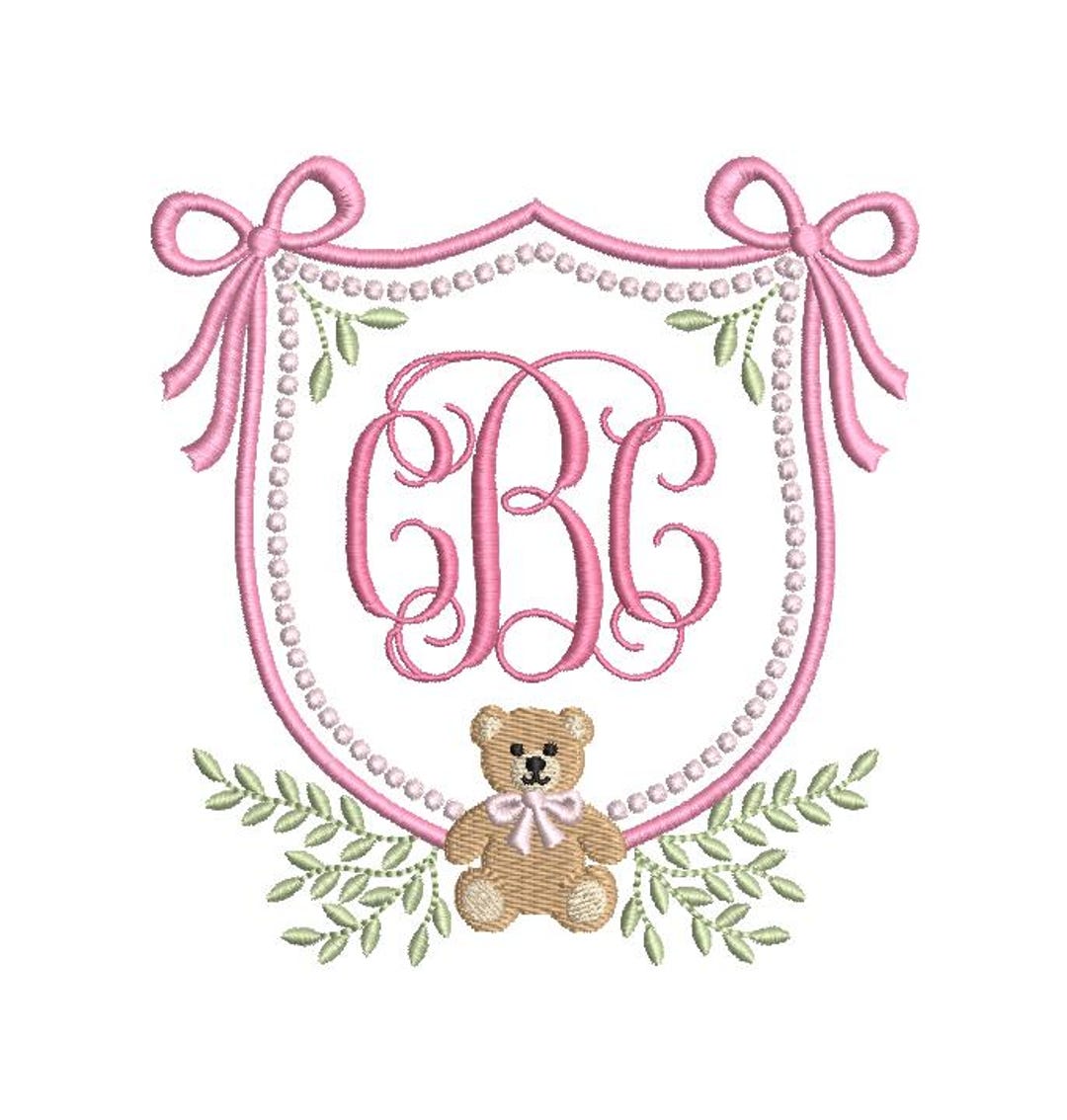 Teddy Bear Crest With Bows Ivy Greenery Monogram Frame, Machine ...