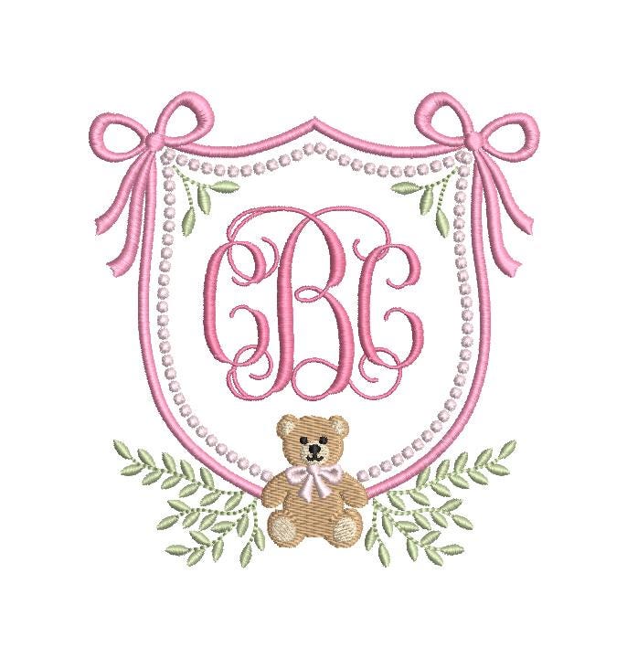 Teddy Bear Crest With Bows Ivy Greenery Monogram Frame, Machine ...