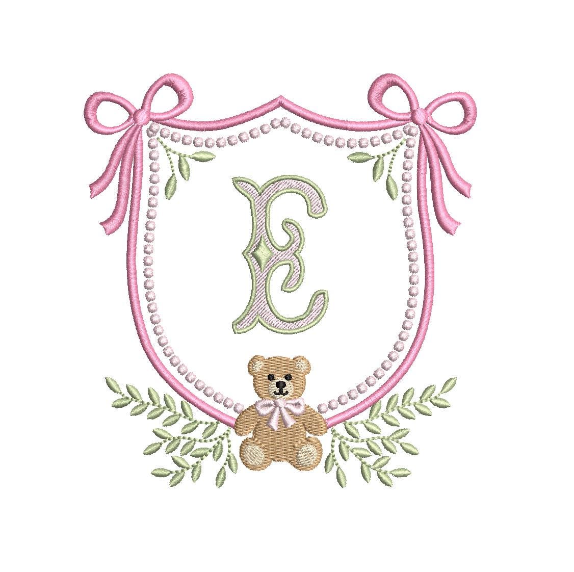 Teddy Bear Crest With Bows Ivy Greenery Monogram Frame, Machine ...