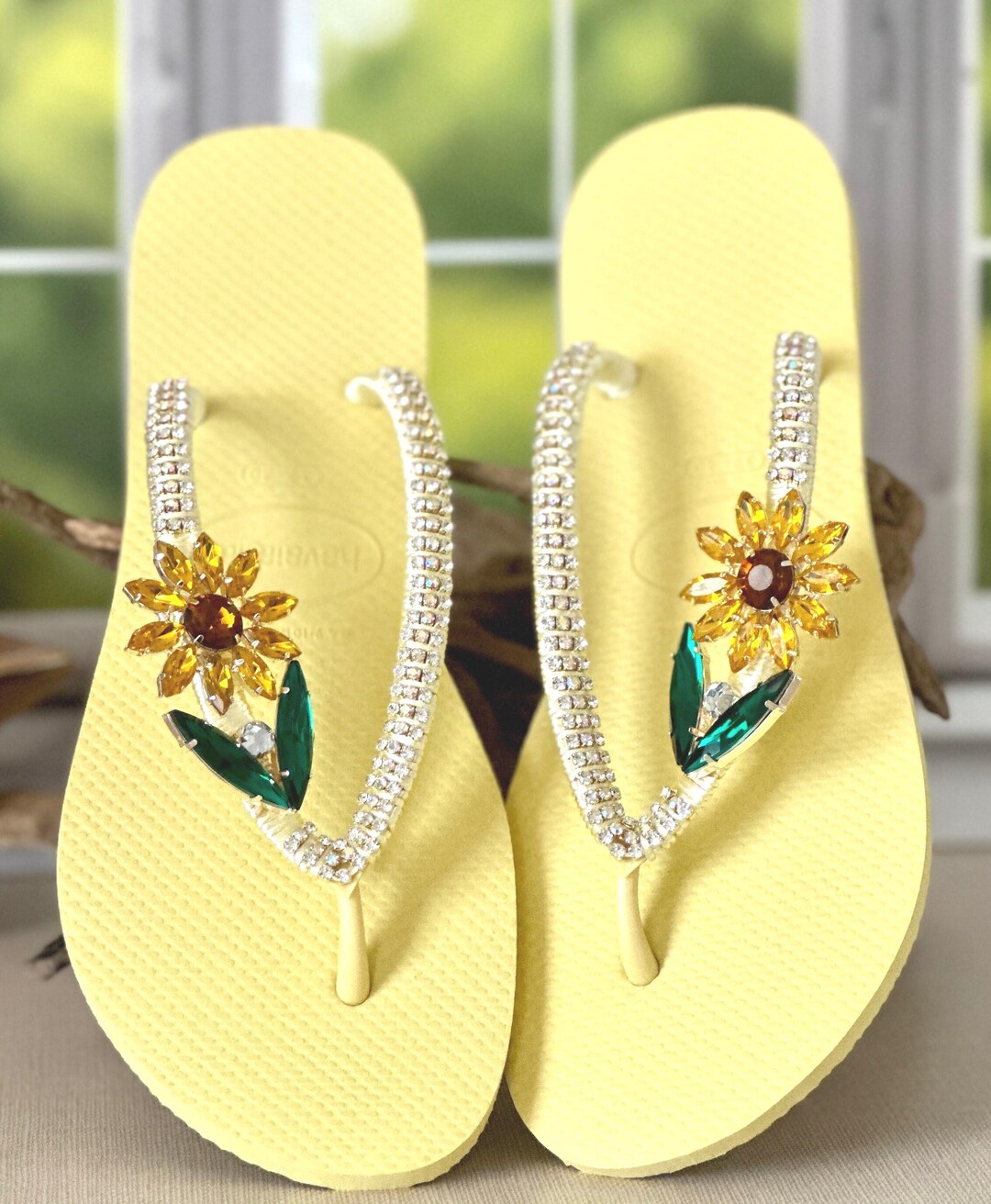 Sunflower Bridal Flip Flop Handmade Yellow Crystal Sandal Luxury Summer ...