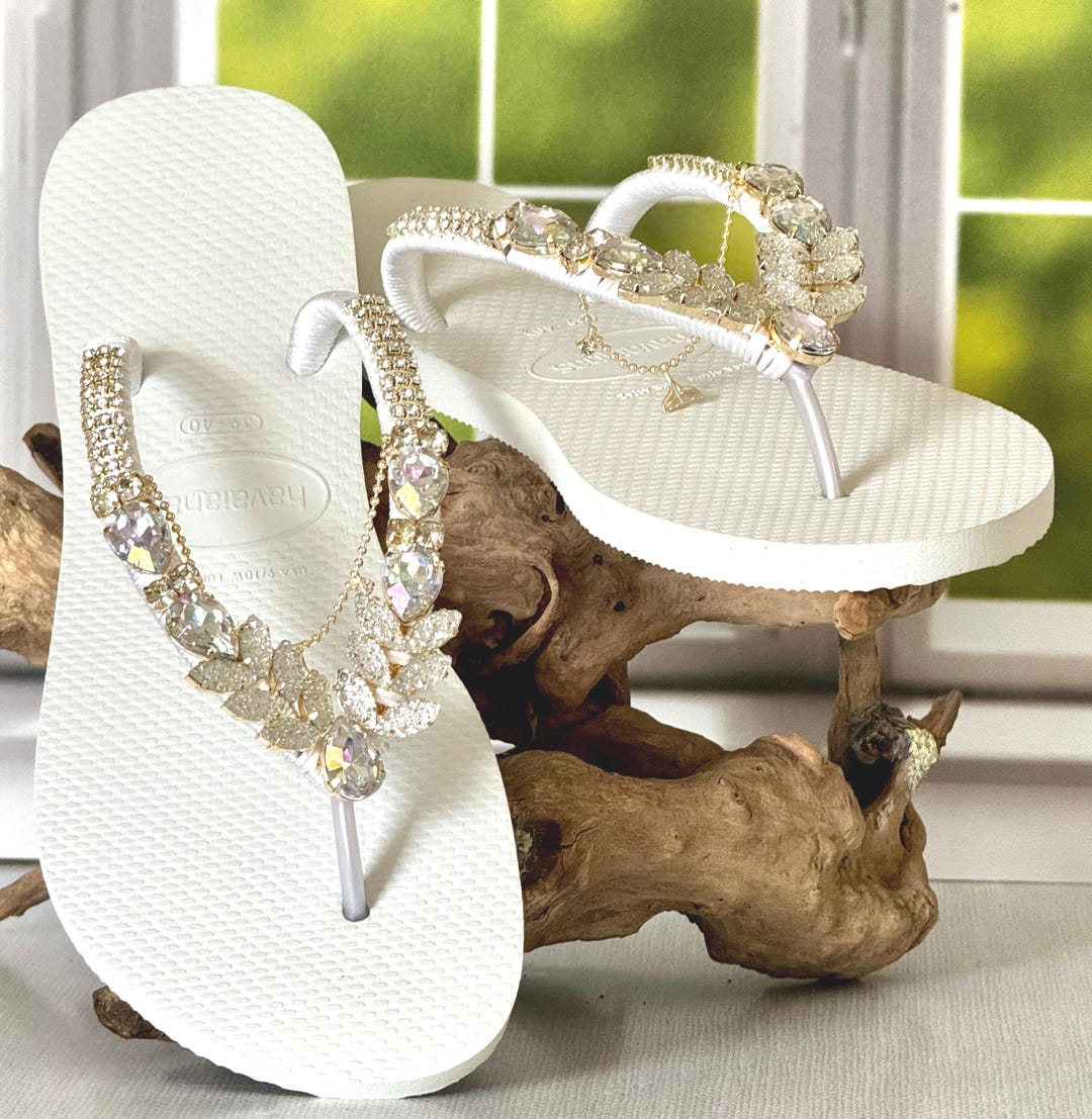 White Crystal Bridal Flip Flops Handmade Rhinestone Sandals Luxury ...