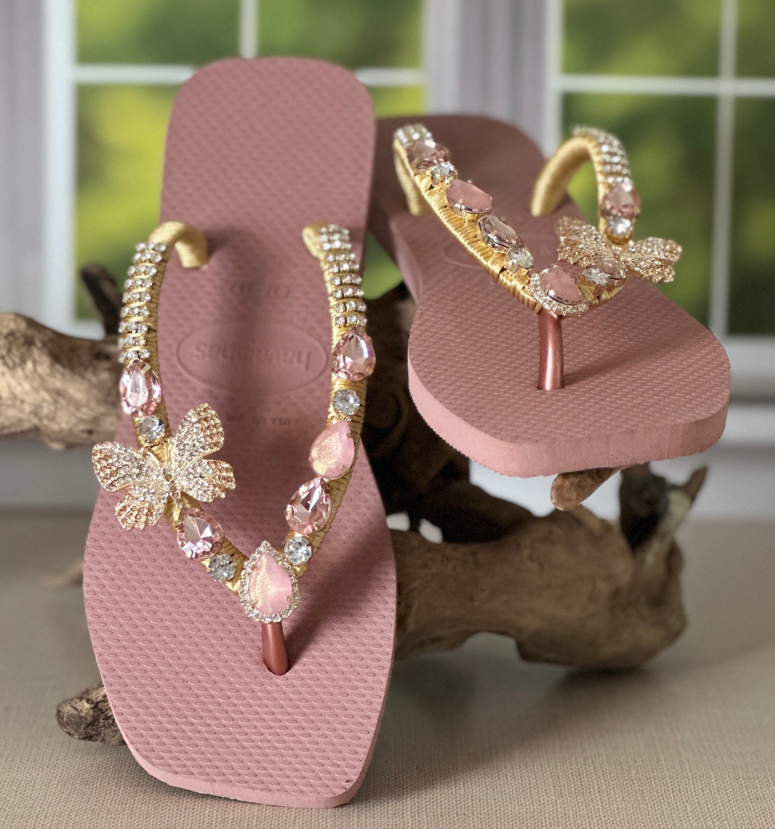 Butterfly Crystal Flip Flop Handmade Sandal Black Satin Wrap Custom ...