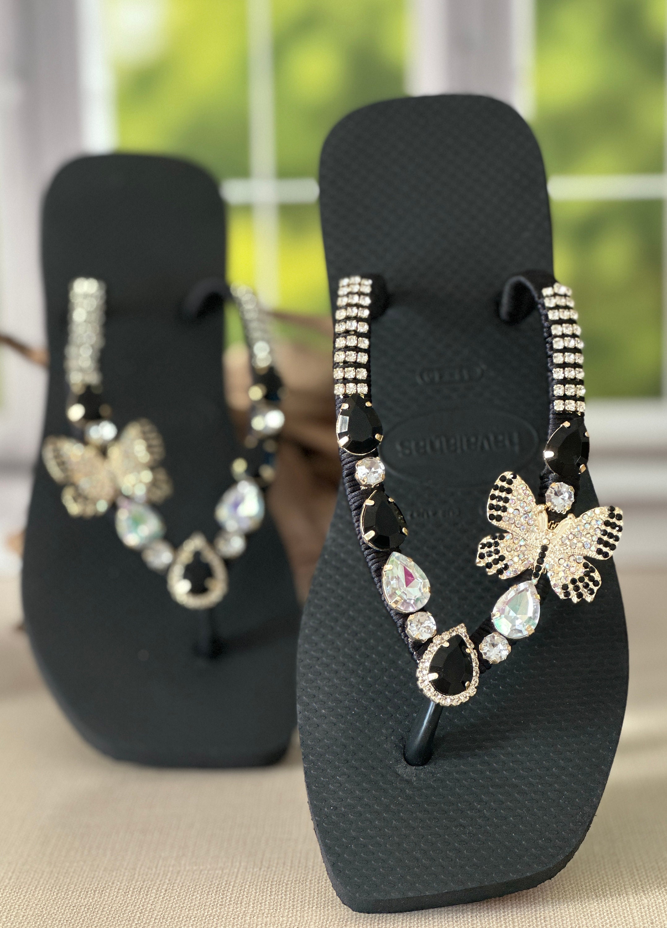 Butterfly Crystal Flip Flop Handmade Sandal Black Satin Wrap Custom ...