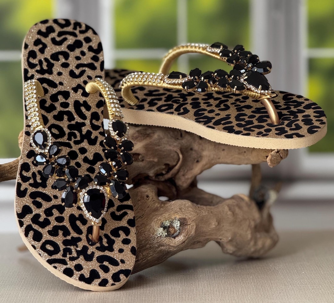 Handmade Cheetah Print Flip Flops: Black Crystal Accent Glam Sandals - Etsy