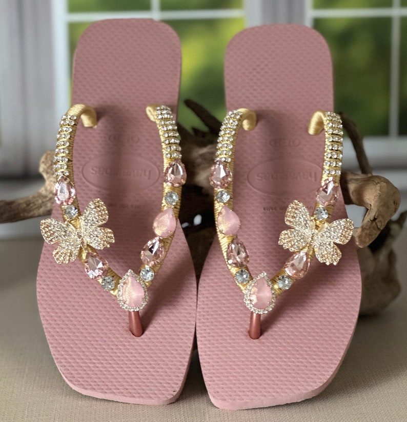 Butterfly Crystal Flip Flop Handmade Sandal Black Satin Wrap Custom ...