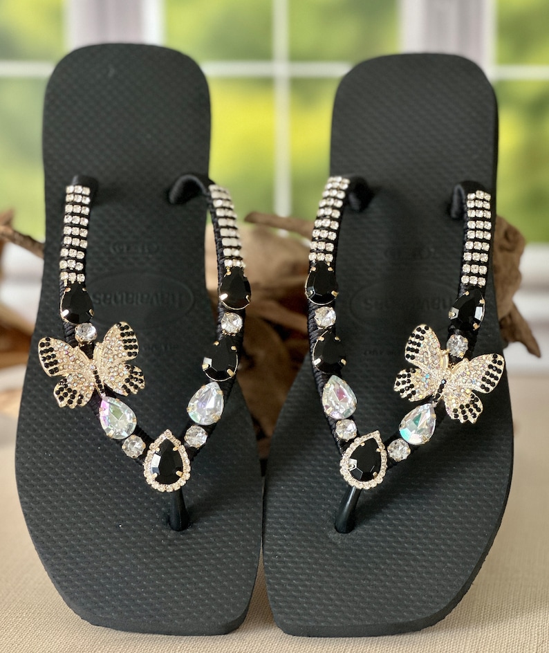 Butterfly Crystal Flip Flop Handmade Sandal Black Satin Wrap Custom ...