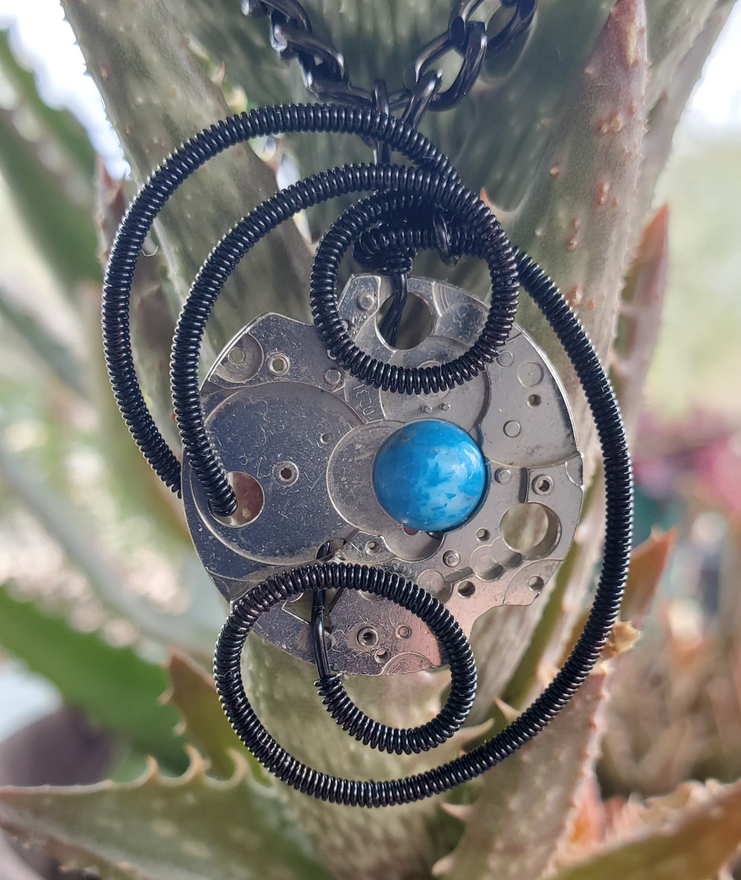 Handcrafted Steampunk Wire-wrap Pendant, Black Wire & Watch Innards ...