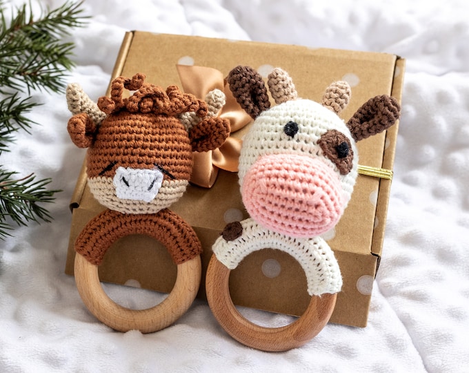 Ready Made, Small Cow Baby Rattle Toy, Girl/boy Teething Ring, Handmade ...