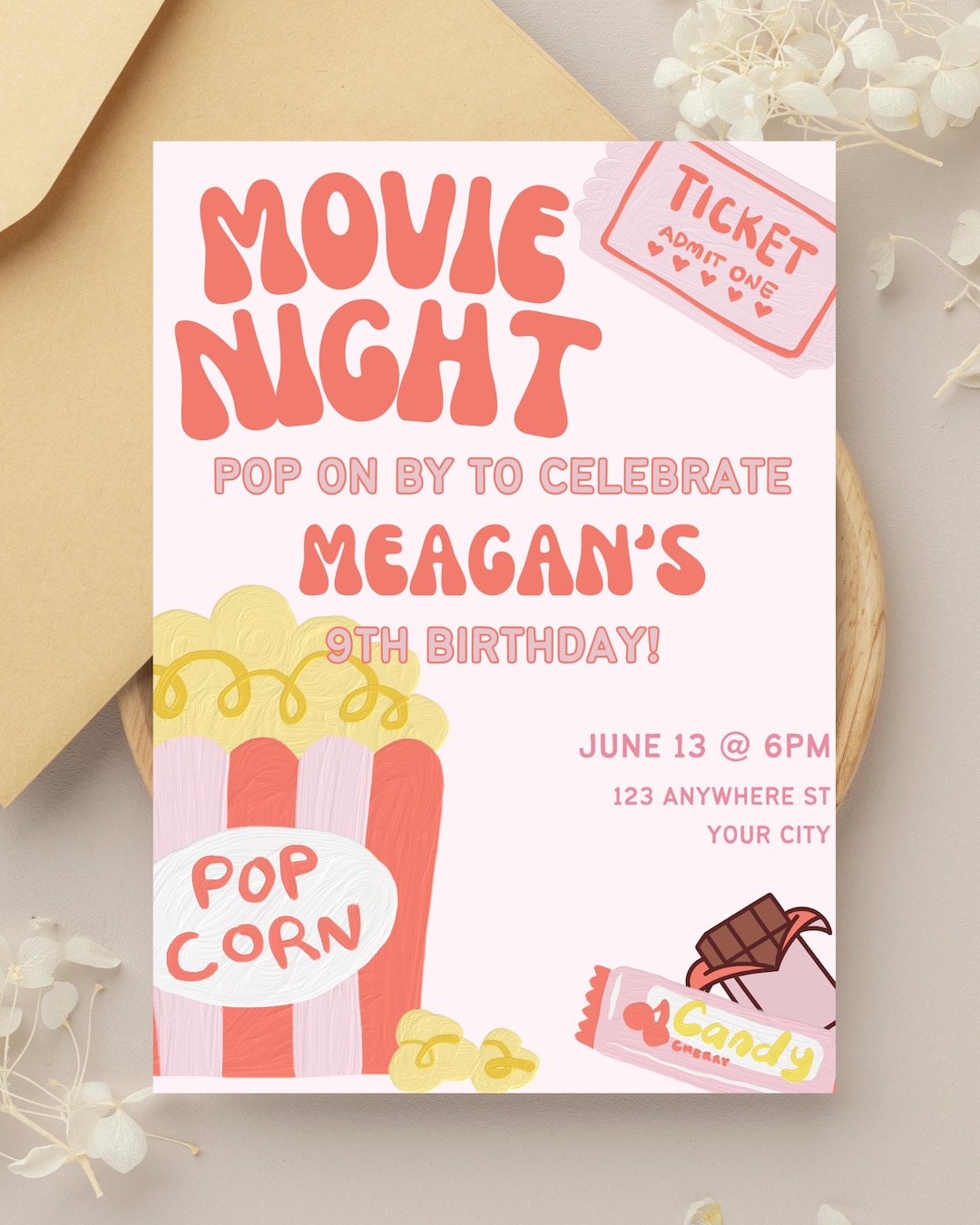 Pink Movie Night Birthday Invite, Girls Night Invitation, Girl's Movie ...