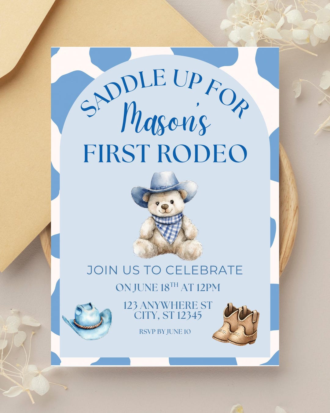 First Rodeo Birthday Invitation: Watercolor Cowboy Bear (canva Template ...