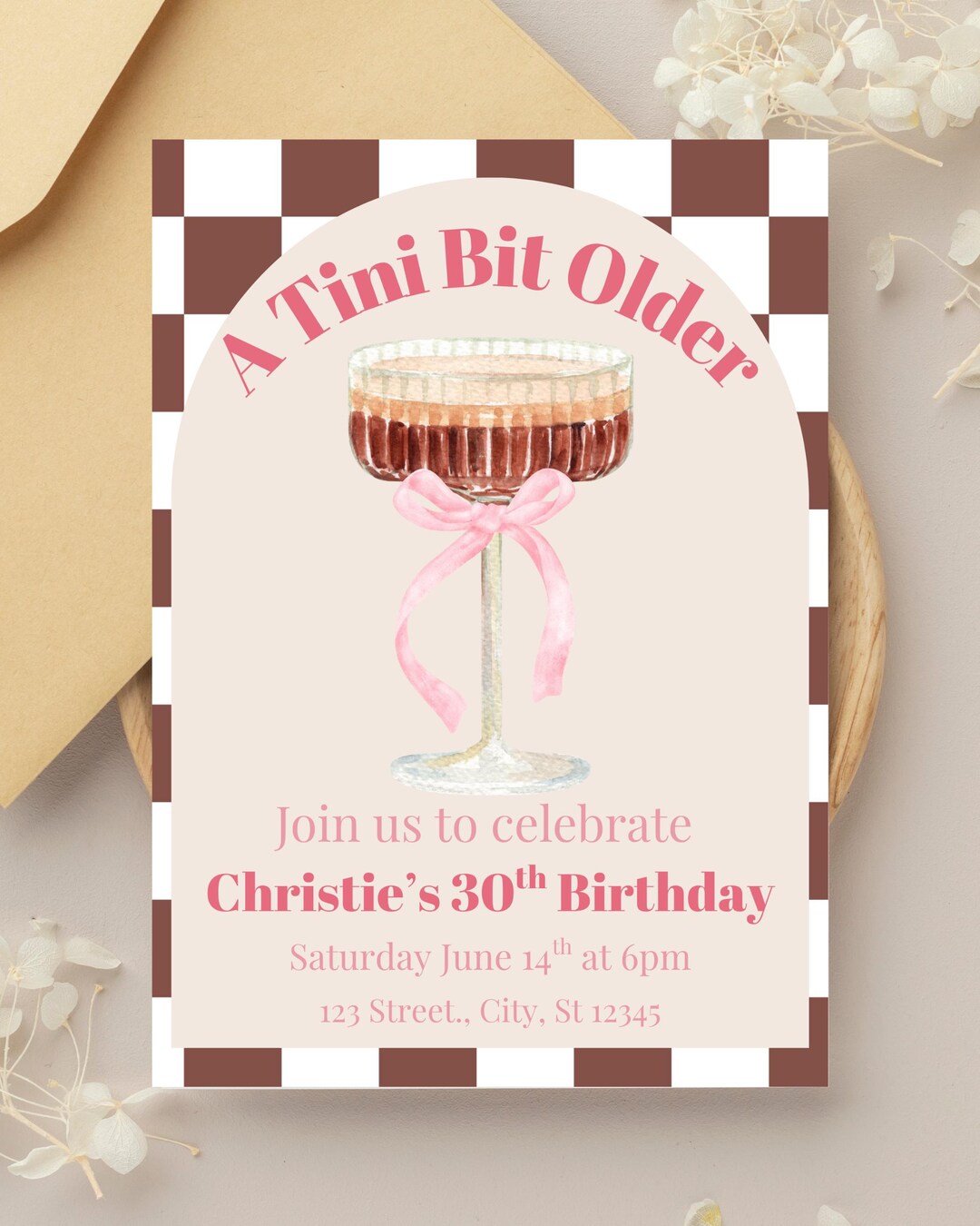 30th Birthday Invitation: Espresso Martini, Pink Bow (canva Template ...