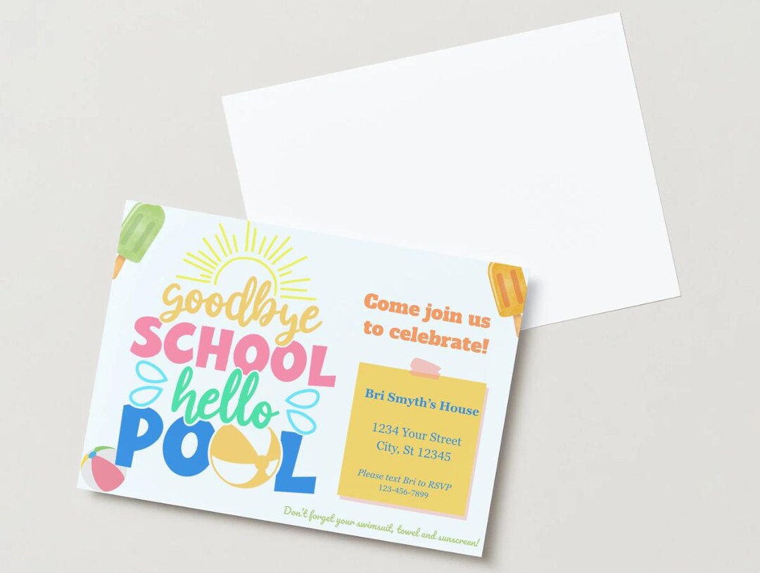 Goodbye School Hello Pool Invitation, End of School Year Party Invite ...